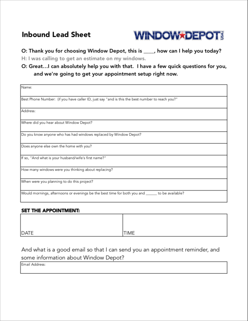 Inbound Lead Sheet | windowdepotusa.partners